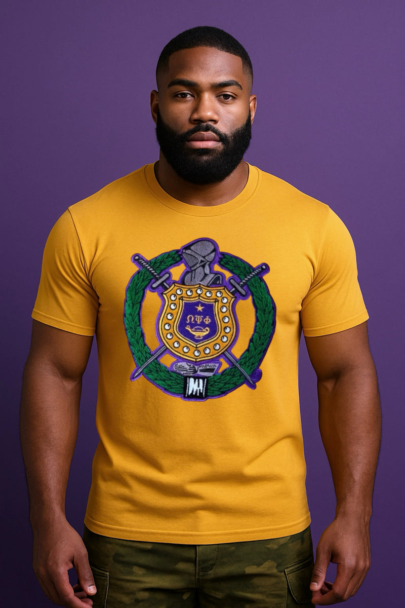 Gold Omega Shield Chenille Tee – My Greek Boutique